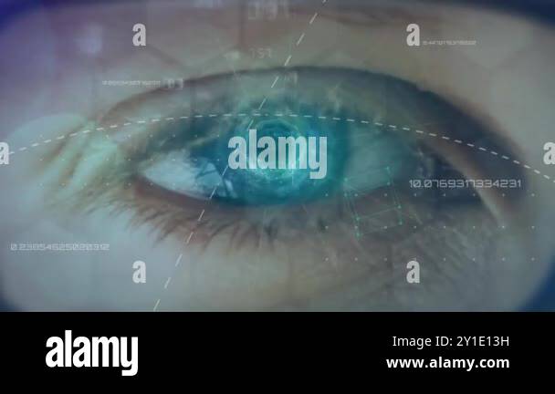 Close-up of eye with digital interface and network connections ...