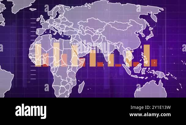 World map with bar charts and data processing animation over purple background. Global ...