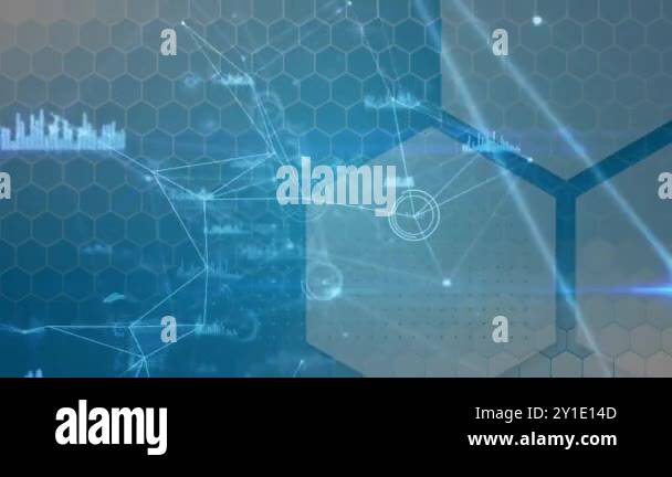 Hexagonal grid and data visualization animation over blue background. digital, technology ...