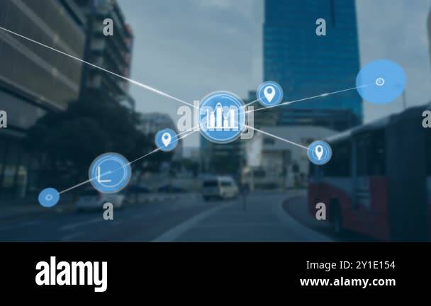 Network of connections and data processing animation over urban ...