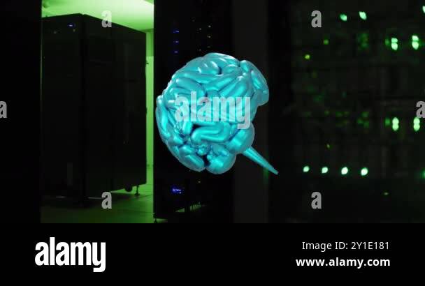 3D brain animation over server room with green lights. Technology, data ...