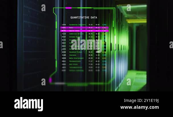 Quantitative data analysis animation over server room with green and ...