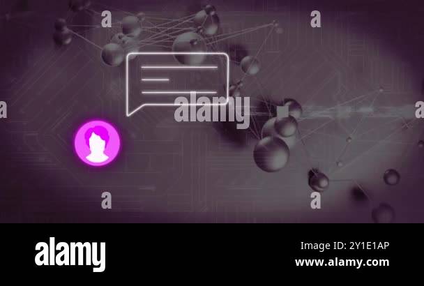 Chat bubble and user icon animation over digital network background ...