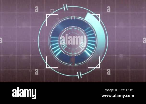 Futuristic circular animation with data processing elements over grid background. Technology ...