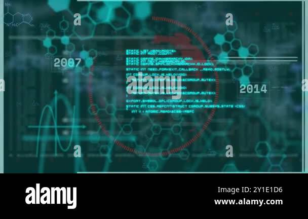 Digital world map and data processing animation over scientific data and hexagonal patterns ...