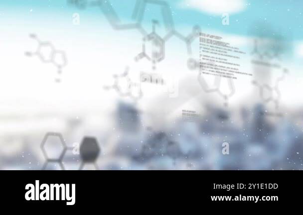 Chemical formulas and molecular structures animation over blurred cityscape background. Science ...