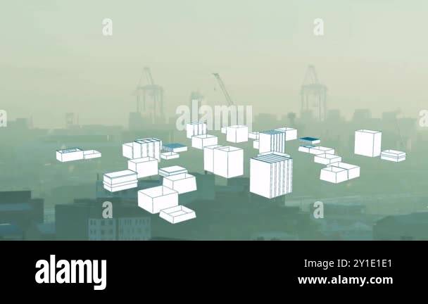 Cityscape with white building outlines animation over urban skyline ...