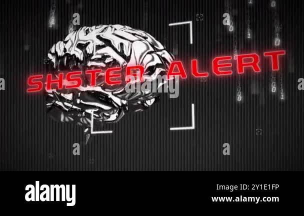 System alert text animation over digital brain and binary code ...