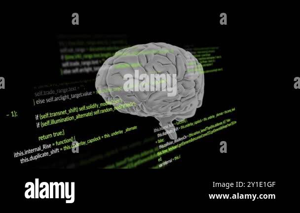 Human brain model with green code lines animation, representing artificial intelligence. machine ...