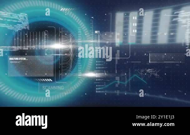Analysis complete and scanning text animation over futuristic digital interface. Technology ...