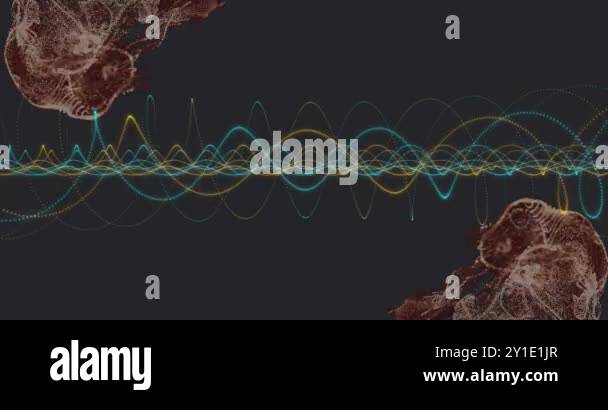 Colorful waveforms animation over abstract red and brown shapes on dark background. digital ...
