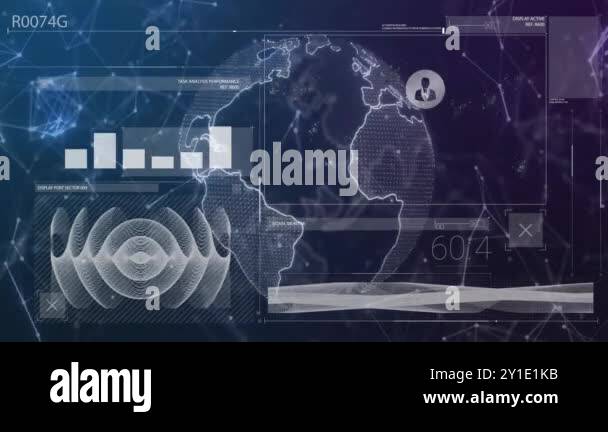 Digital data analysis and network connections animation over world map and graphs. Technology ...