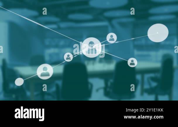 Network of connections and user icons animation over office background ...