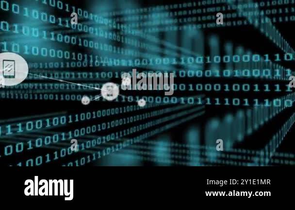 Binary code and music icons connected by lines, data network animation. Technology, digital ...