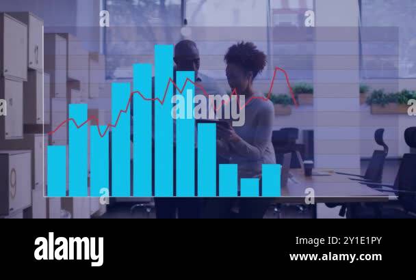 Bar and line graph animation over diverse business people discussing in ...