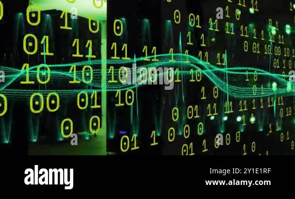 Binary code and digital wave animation over cityscape at night ...