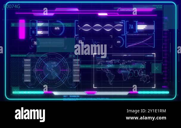 Futuristic data processing and analysis animation over digital world map and graphs. Technology ...