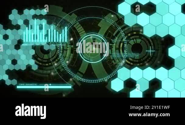 Futuristic data visualization and analysis animation with graphs and hexagonal shapes ...