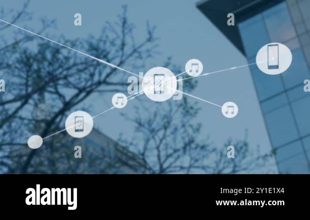 Music and smartphone icons connecting by lines, network communication ...