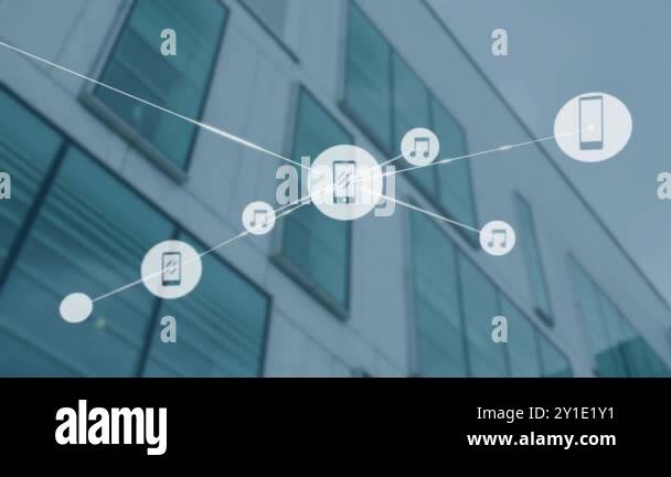 Music notes and smartphone icons connected by lines, network animation ...