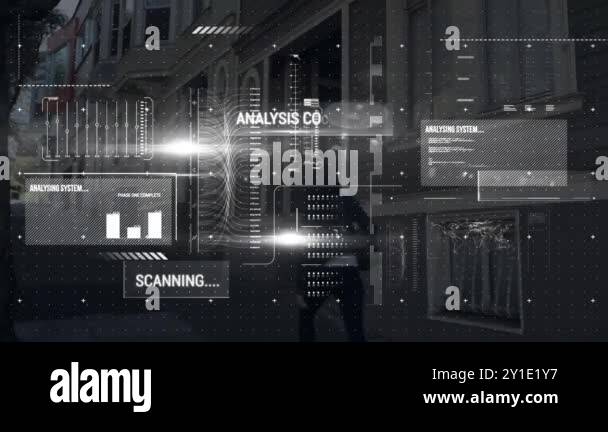 Data scanning and analysis complete animation over urban street scene ...