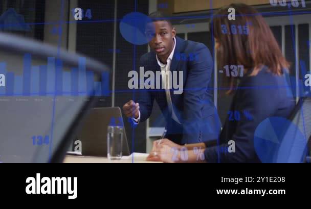 Businessman presenting data, financial statistics animation over office ...