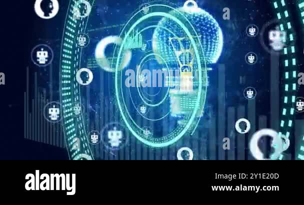 Digital brain and light bulb animation over data processing and network connections. Technology ...