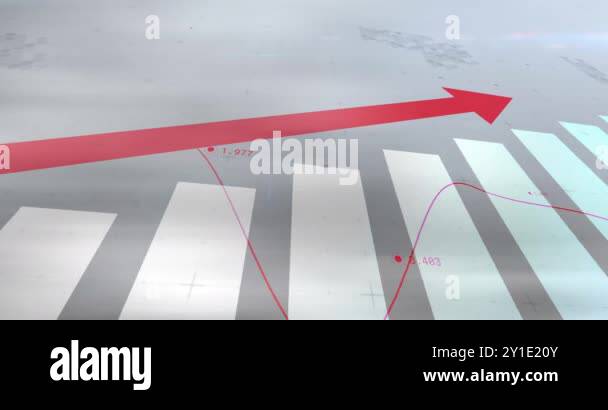 Rising red arrow and bar graph with data points animation over gray ...