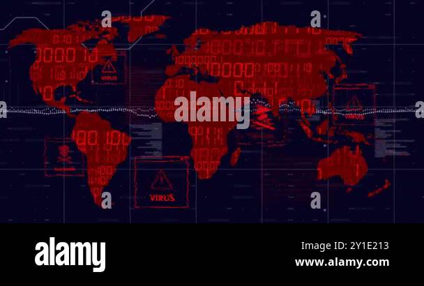 World map with virus and malware warnings, cybersecurity threat animation. online security, data ...