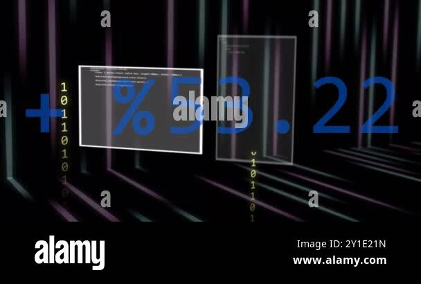 Percentage and code animation over digital data stream background. Technology, coding ...