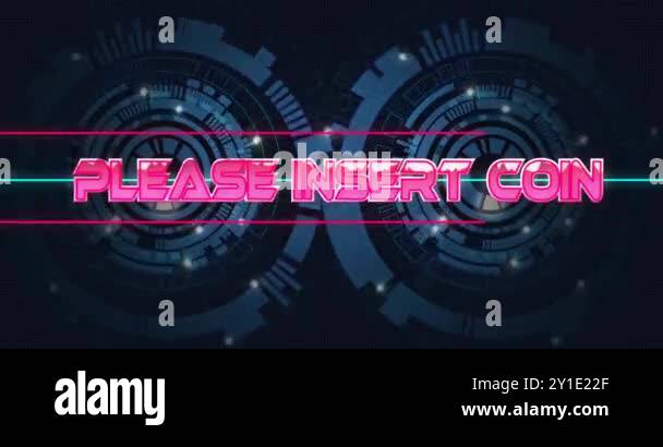 Please Insert Coin text animation over futuristic circular digital ...