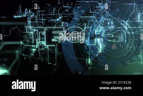 TECH text with glowing lines and circuits, futuristic digital animation ...