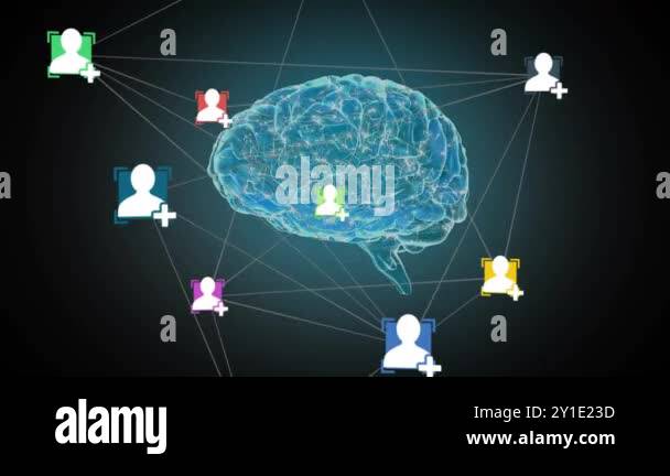Brain with interconnected user icons and plus signs, social network ...