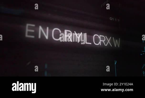 Encryption text over dark digital background with binary coding animation. Cybersecurity, data ...