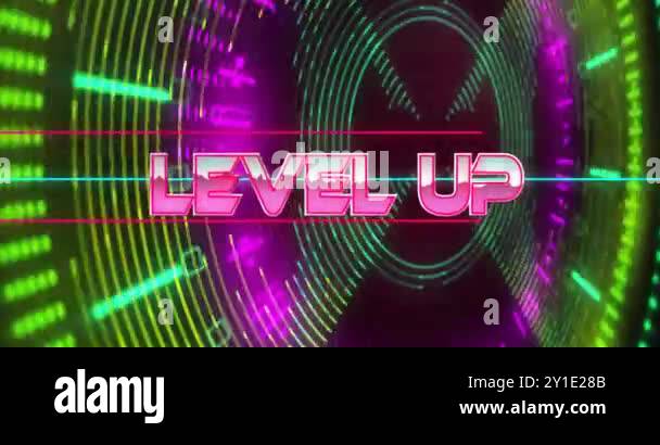 Level up text animation over neon geometric shapes and sound waves. concept, futuristic, design ...