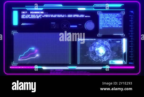 Futuristic data analysis and scanning animation over digital interface with graphs and maps ...