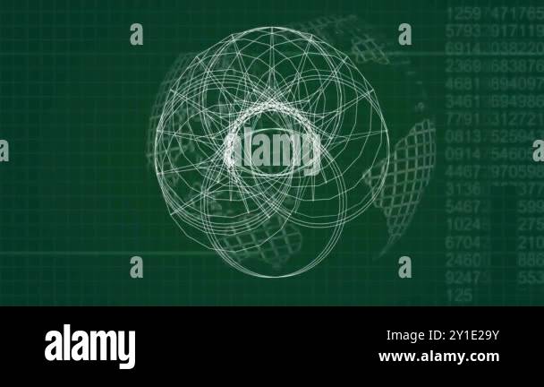 Geometric wireframe sphere animation over green background with numerical data. Technology ...