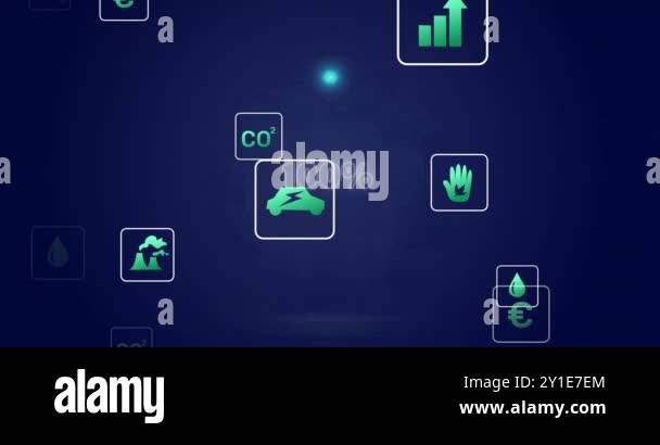 Sustainability icons and progress bar animation over dark blue ...