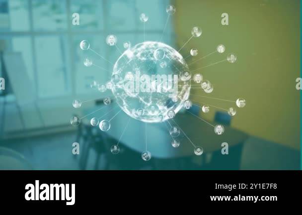Animated global network of connected people over office background ...