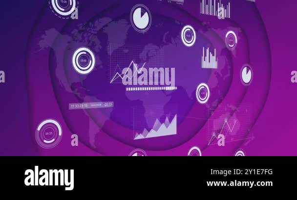 Graphs and charts animation over world map in purple tones. Data ...