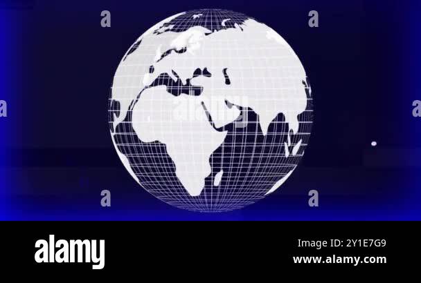 Rotating globe with grid lines animation over dark blue background. Earth, technology ...