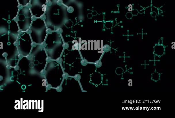 Molecular structures and chemical formulas, scientific research animation over black background ...
