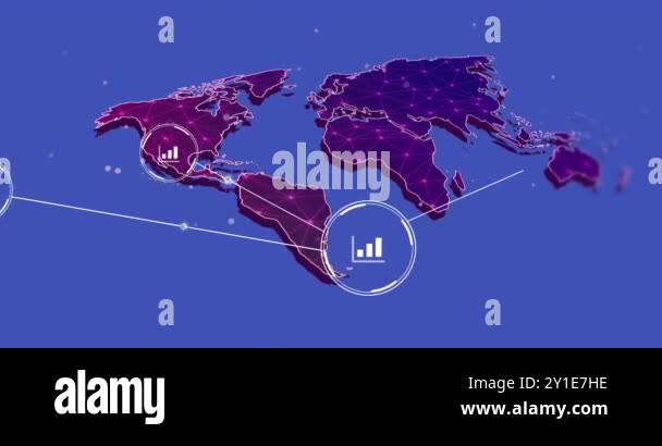 World Map With Data Charts And Network Connections Animation Over Blue