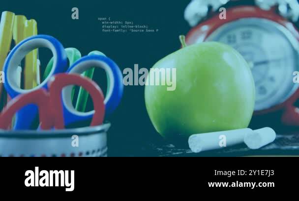 Green apple and chalk sticks with school supplies animation over ...