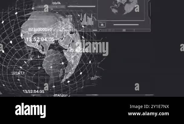 Digital world map and data processing animation over globe and charts. Technology, network ...