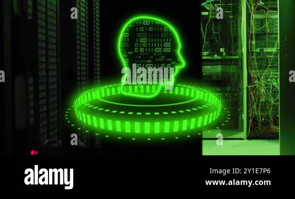Binary code human head animation over server room background ...