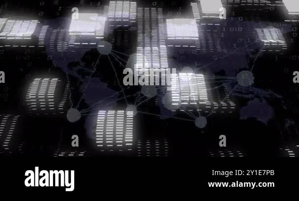 Animating global network connections and data transfer over world map and binary code ...