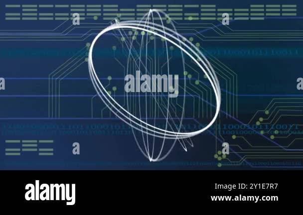 Abstract white lines forming sphere over circuit board and binary code animation. Technology ...