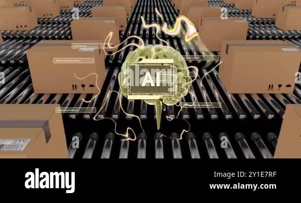 AI brain and neural connections over boxes on conveyor belts in ...