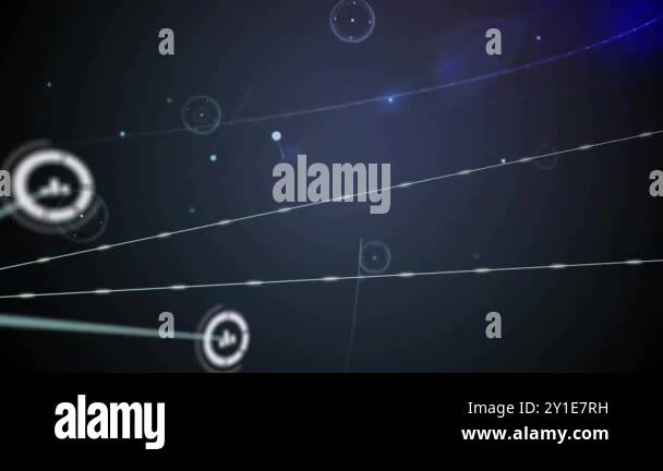 Network of connections and data processing animation over dark ...